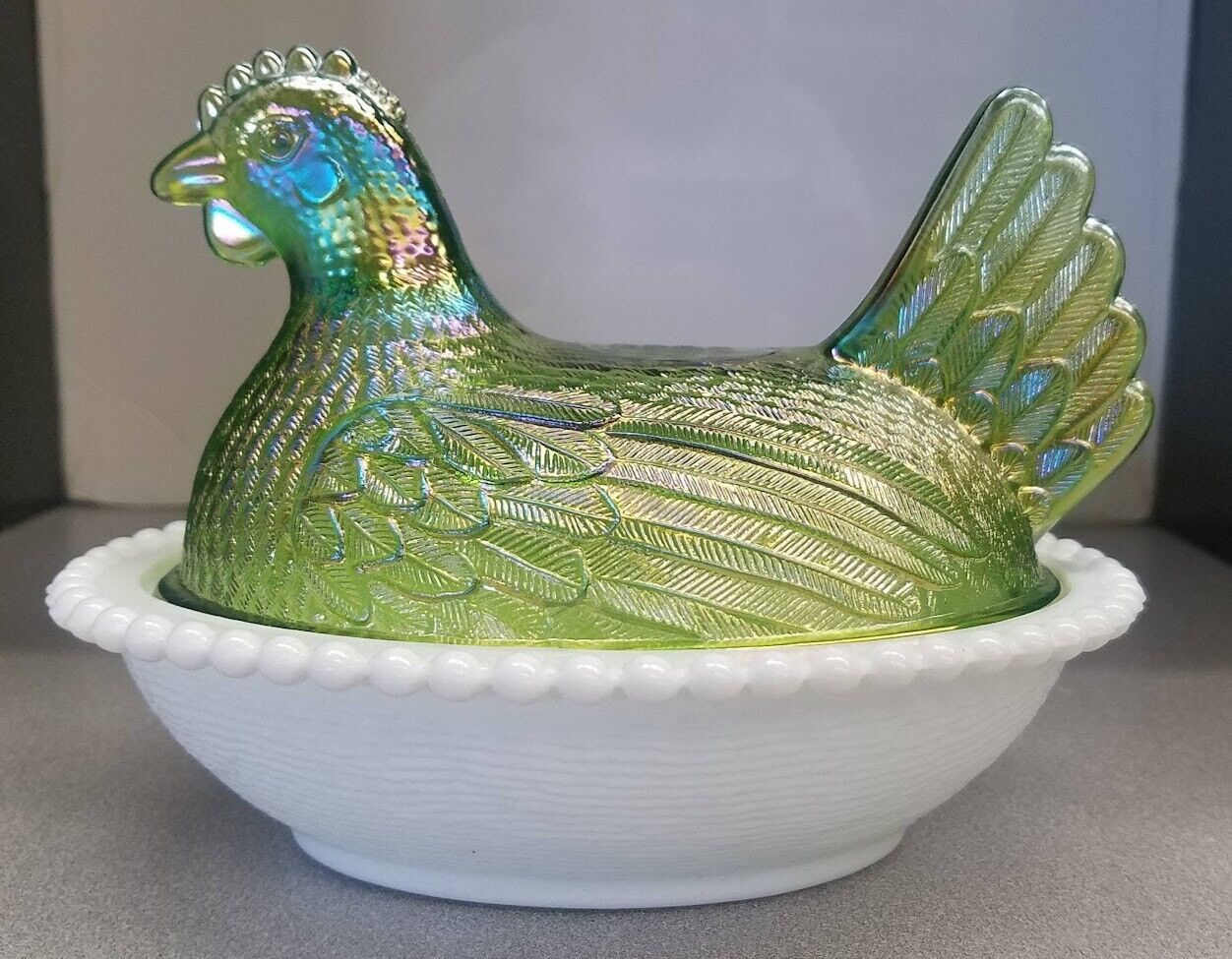 Indiana Glass Hen on Nest (The Heavenly HON) Green Carnival Glass Hen ...