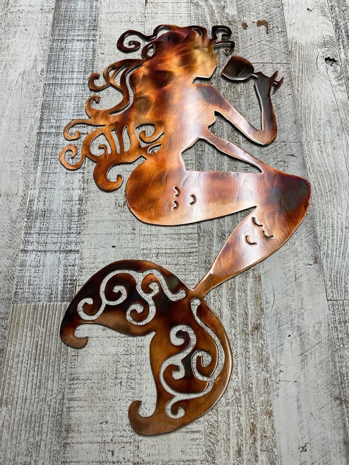 Sitting Mermaid Sipping Wine - Metal Wall Art - Copper 24" tall Right ...