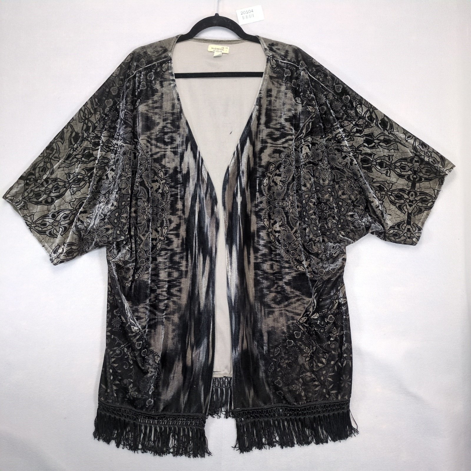 One World Women's Plus 3X Boho Velvet Burnout Fringe Kimono Robe Y2K ...