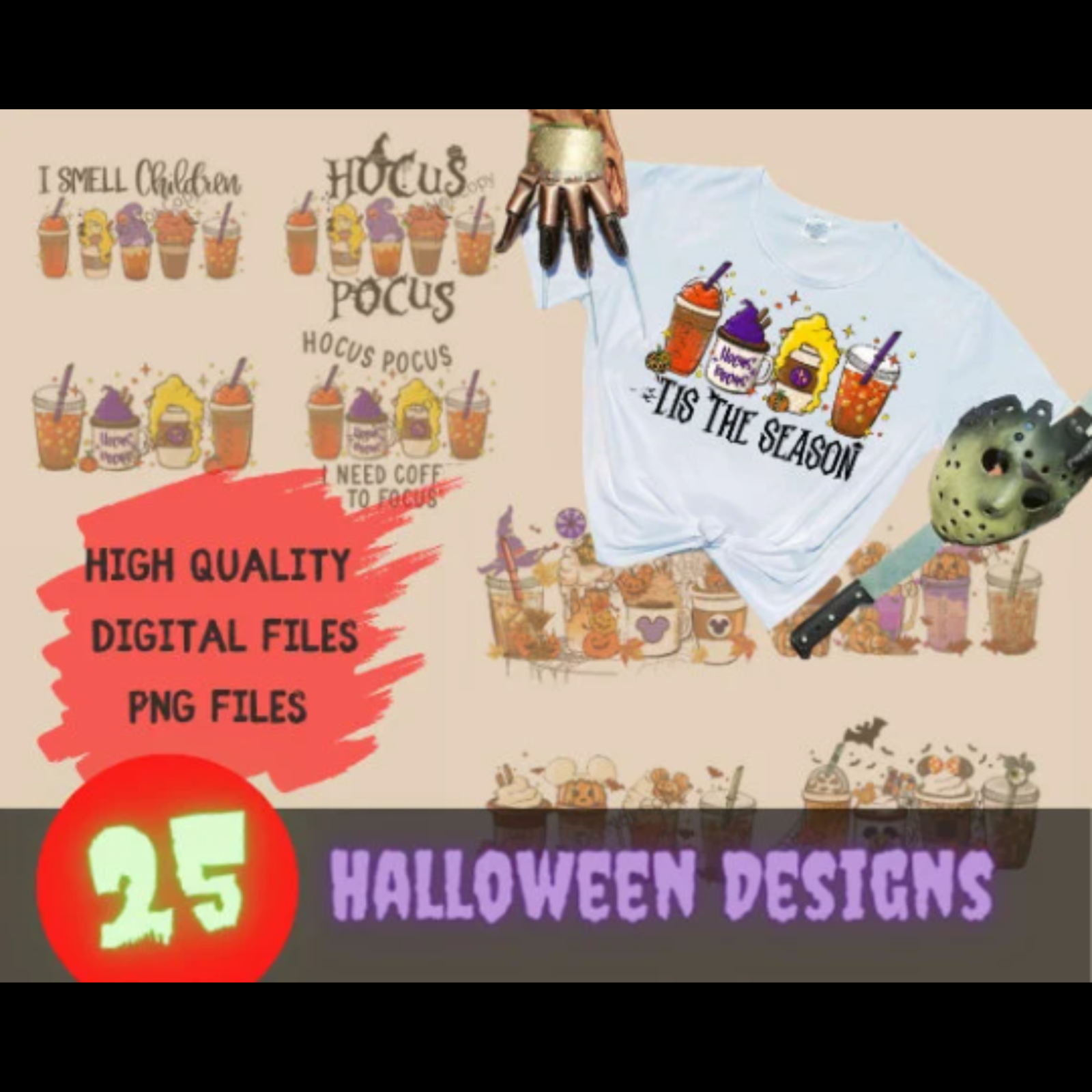 Horror Fall coffee Sublimation hand drawn Printable Graphic Bundle ...