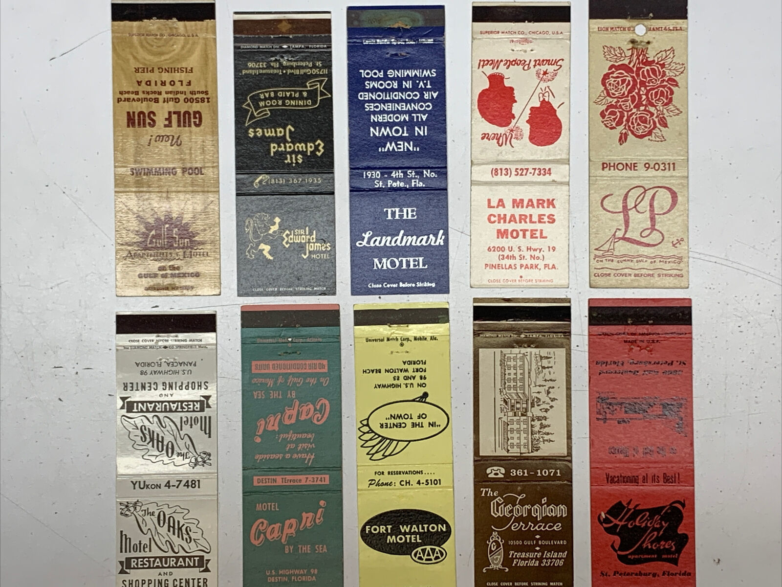 10 VINTAGE FRONT STRIKE MATCHBOOK COVERS Gulf Sun Capri & The Oaks ...