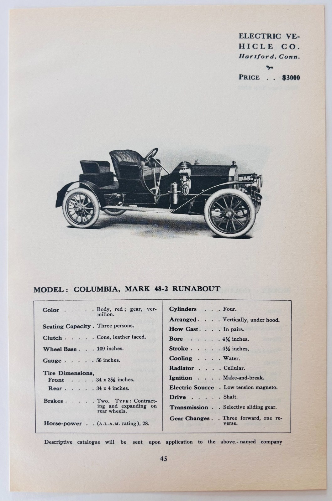 1908 Electric Vehicle Mark 48-2 Runabout Catalog Advertisement ...
