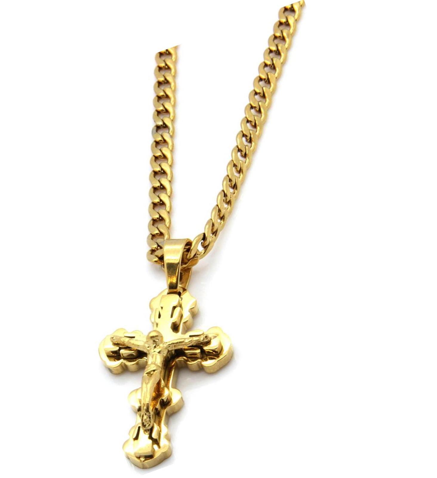 Mens Gold Tone Stainless Steel Mini Clover God Cross Pendant ...