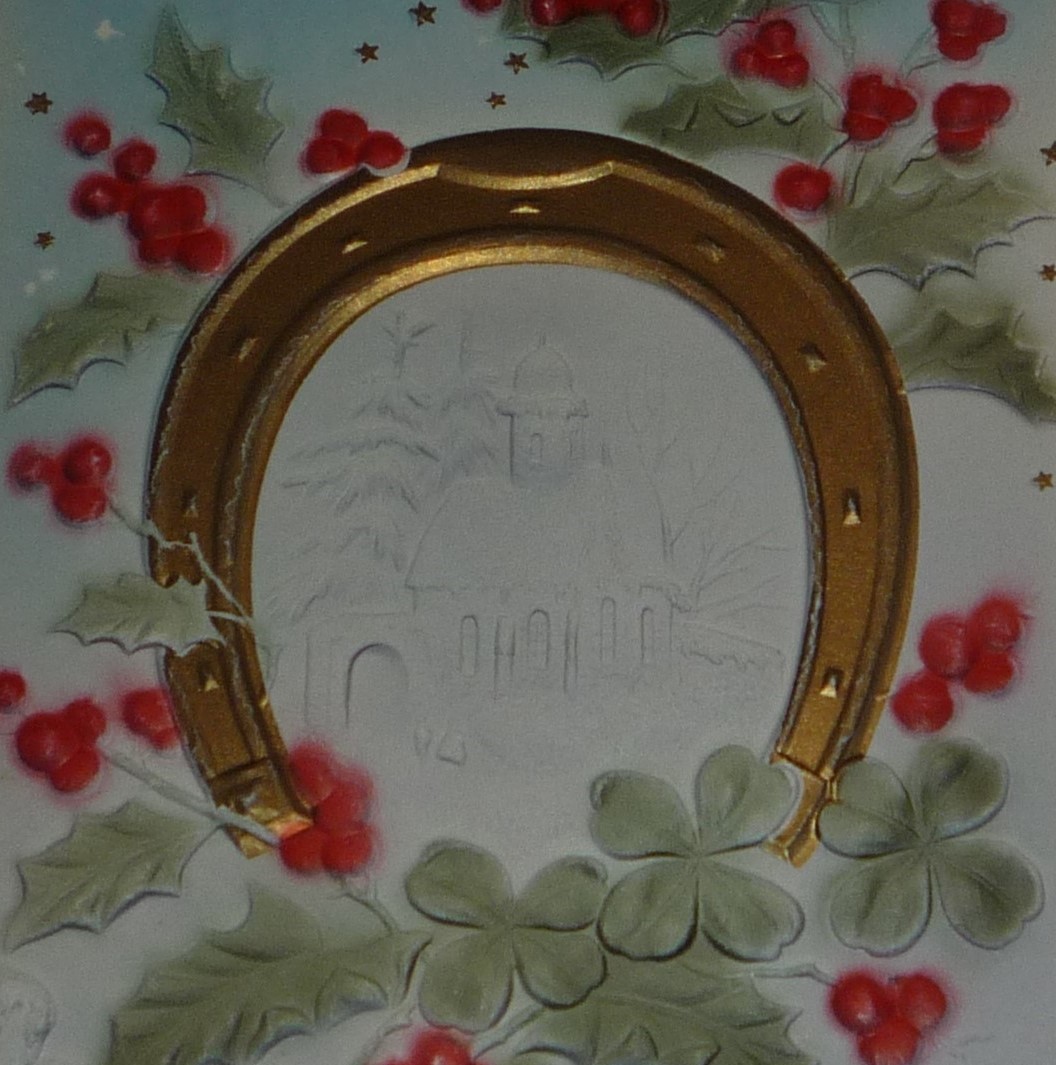 Horseshoe With Holly, Moon & Stars, Church Antique Christmas Postcard - Non-Topographical Postcards