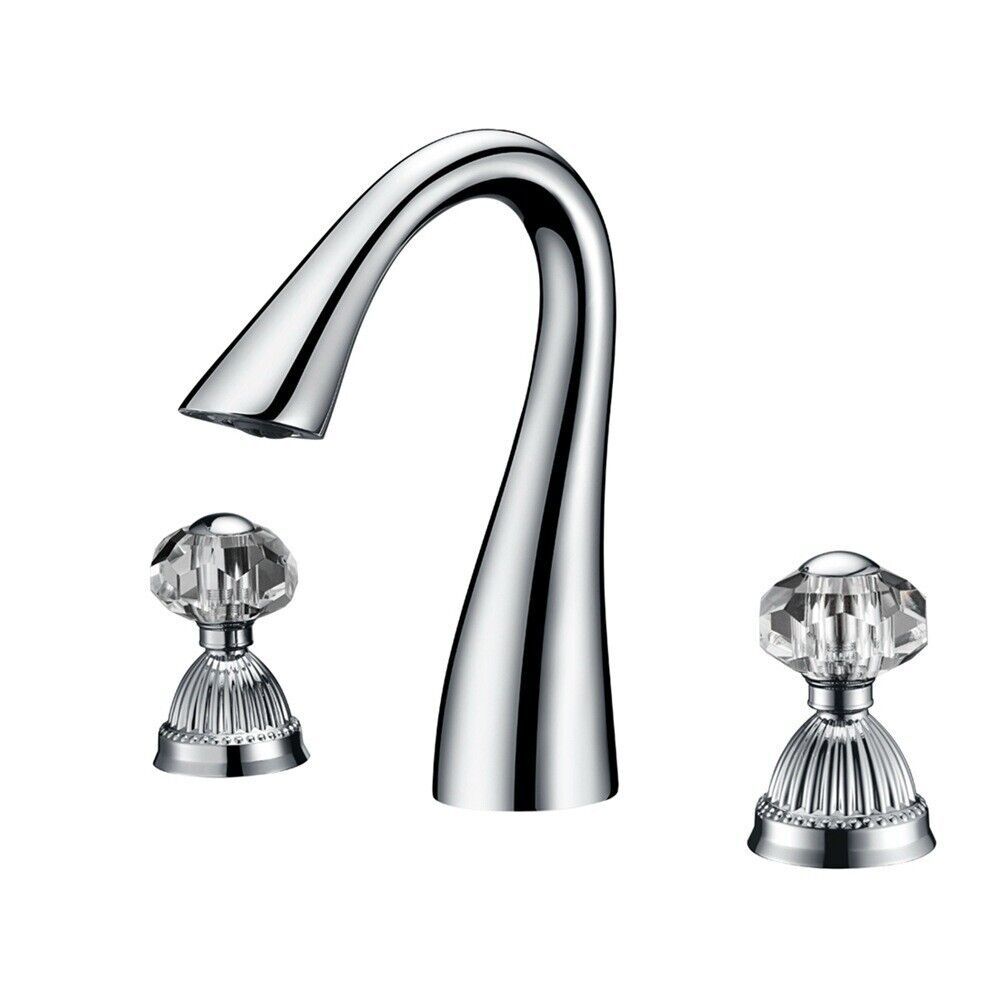 Chrome 3 Holes Widespread Bathroom Lavatory Sink Faucet With Crystal