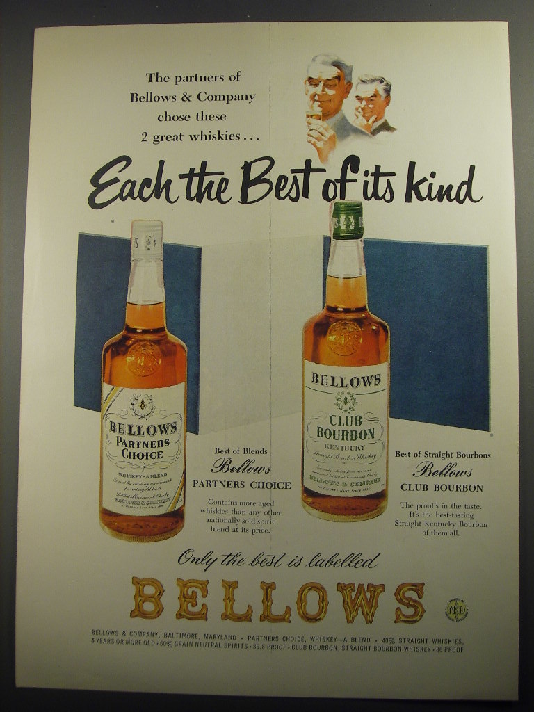 1956 Bellows Club Bourbon and Partners Choice Whiskey Ad - Each the ...