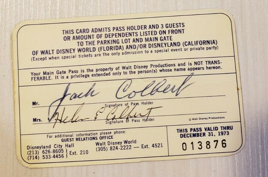 Disneyland Disney World 1973 Main Gate Pass Cast Member Rare Vintage ...