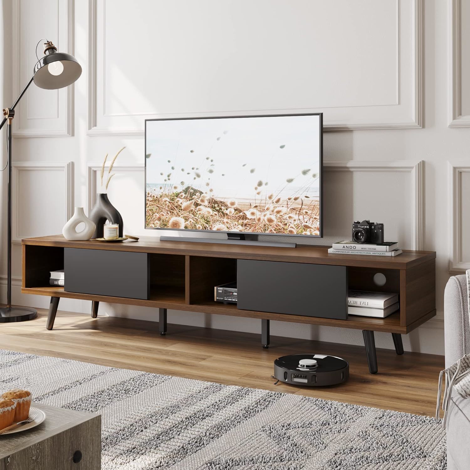 TV Stand for Up to 75 TVS with Solid Wood Entertainment Center TV Console Mid Century 70 Inches Walnut