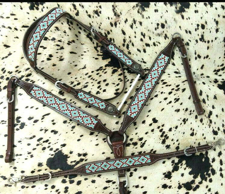 Western Horse Turquoise Beaded Dark Leather 3pc. Tack Set Bridle ...