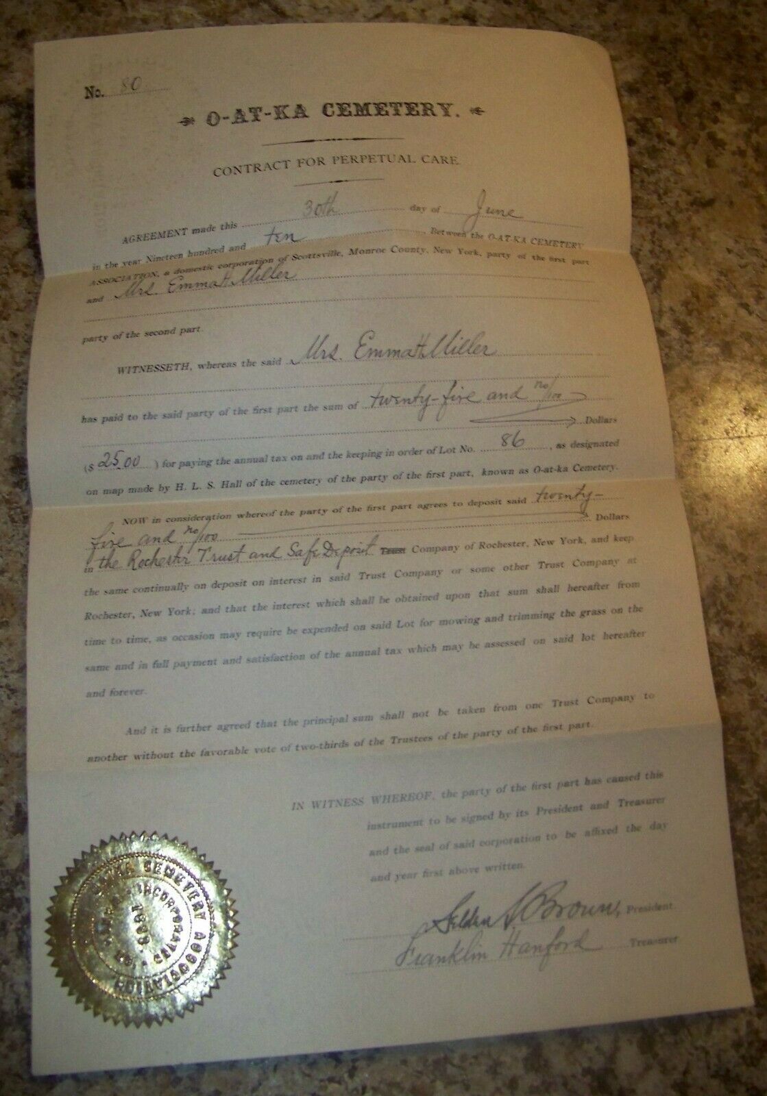 1910 ANTIQUE O-AT-KA CEMETERY CONTRACT FOR PERPETUAL CARE BATAVIA NY ...