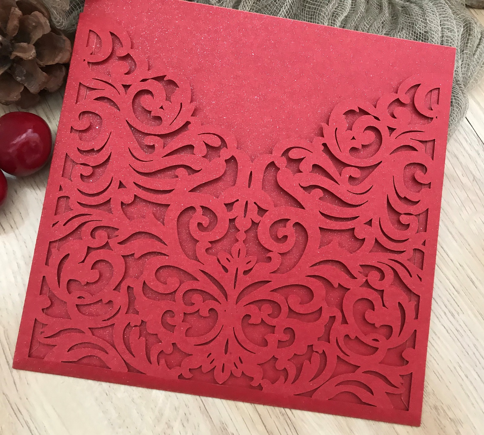 50pcs pearl Red Laser Cut wedding invitations cards,Pocket invitations ...