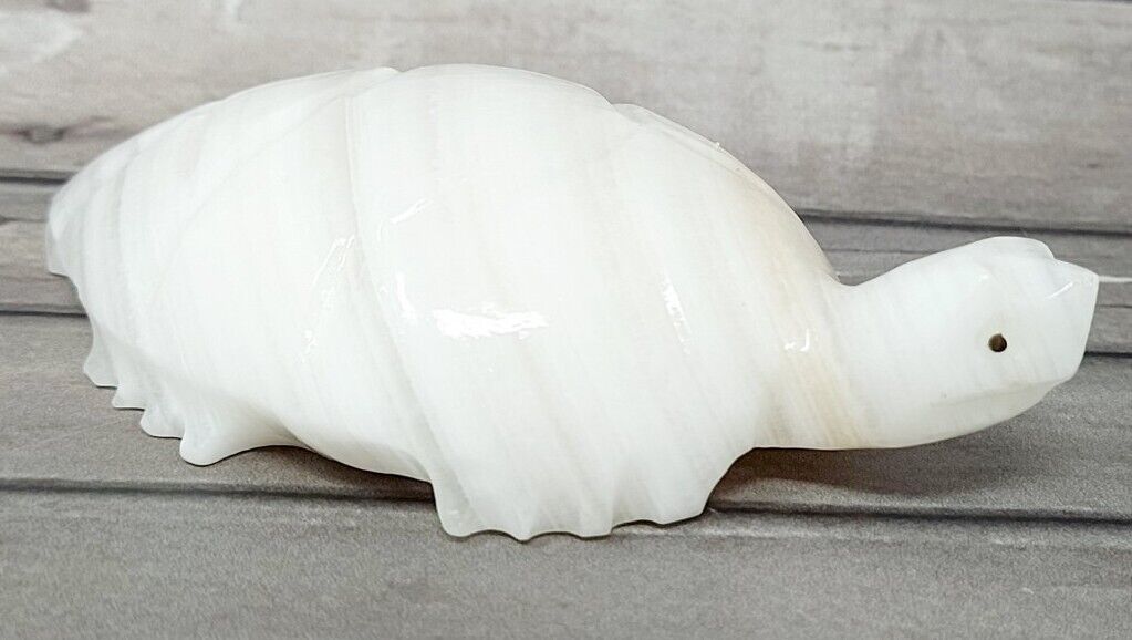 Onyx White Turtle 5" Statue Paperweight Figurine Snapping Horned Stone ...