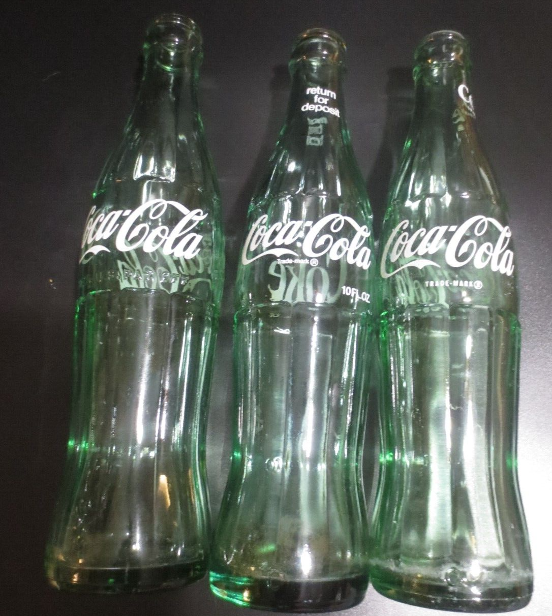 Set of 3 Different Coca -Cola 10 Oz Glass Returnable Bottles Empty - Soda