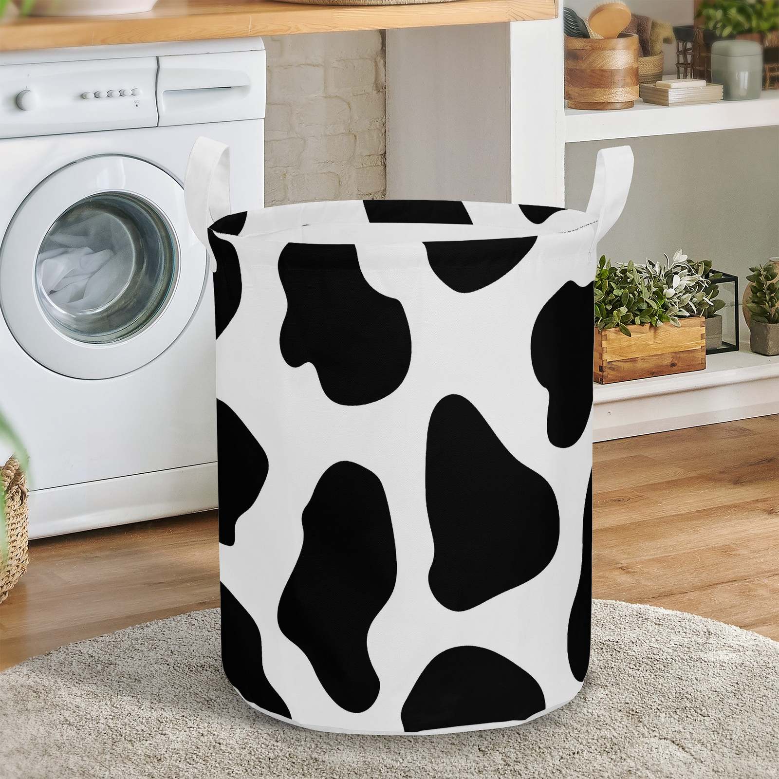 Round Laundry Basket Cow print black and white - Bathroom Baskets & Storage