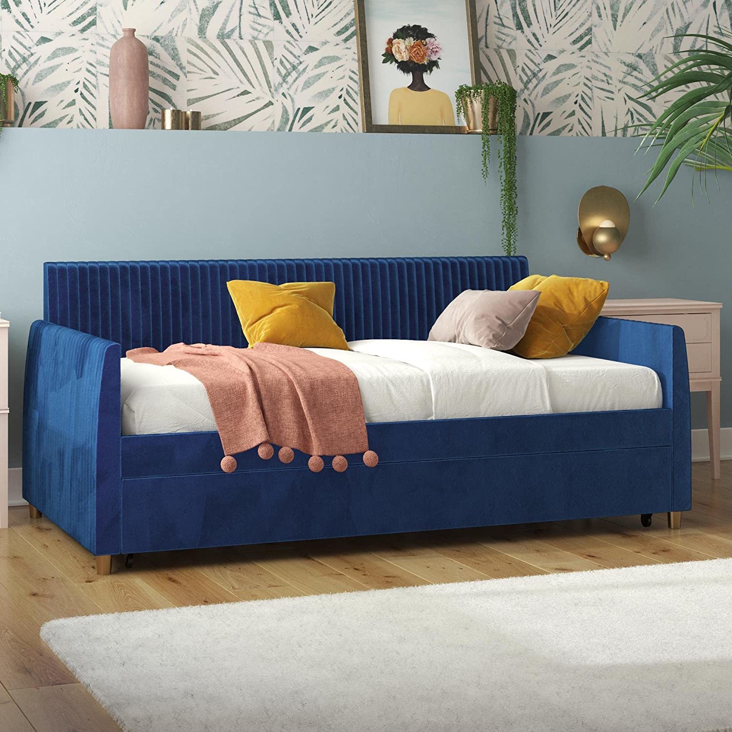 Mr. Kate Daphne Upholstered Daybed With Roll Out Trundle, No Box, Blue ...