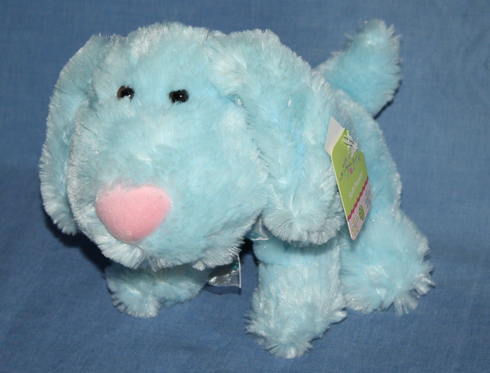 Dan Dee Blue Plush Puppy EASTER DOG 11" Pink Nose Stuffed Soft Toy Bow ...