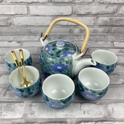 Tea Set Japanese Blue Floral Sake Teapot 5 Cups 2 Gold Spoons Tea Set ...