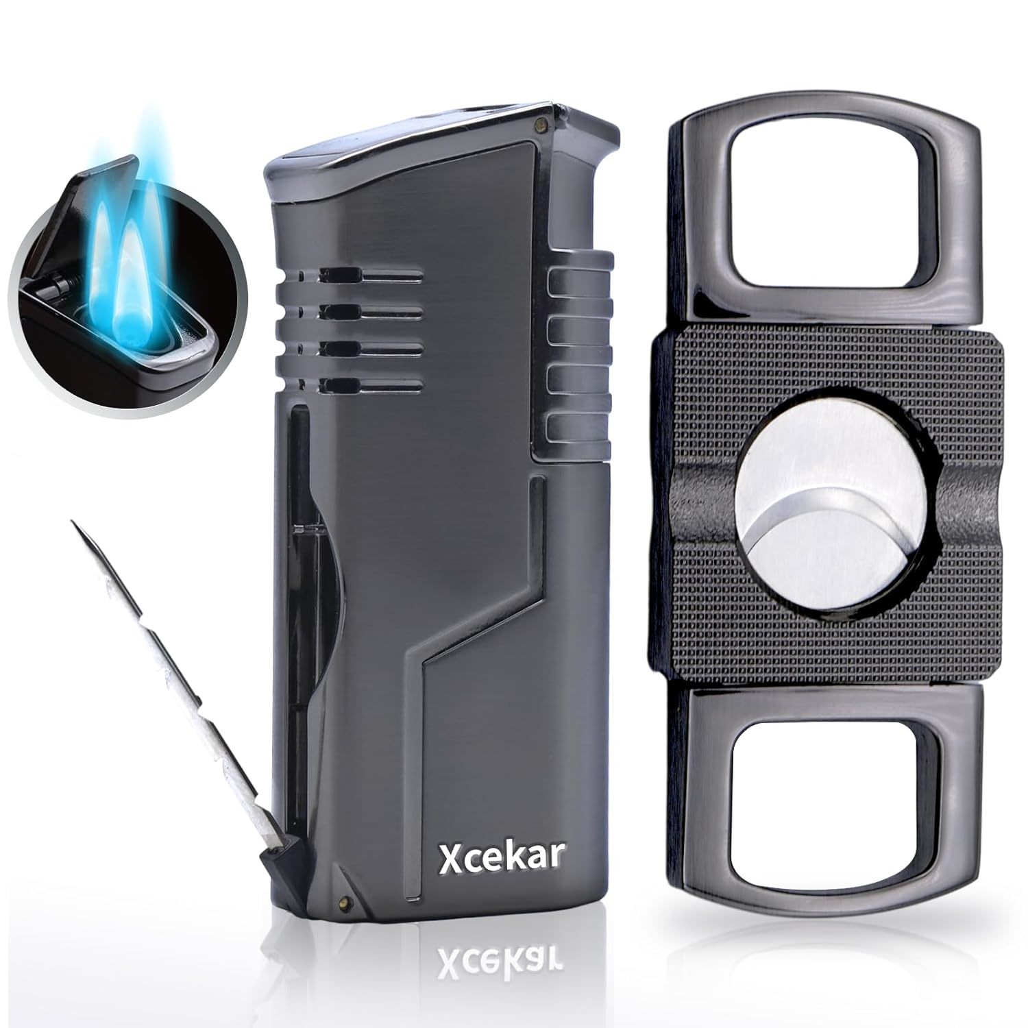 Triple Torch Cigar Lighter And Cigar Cutter Set, Cigar Punch, Cigar ...