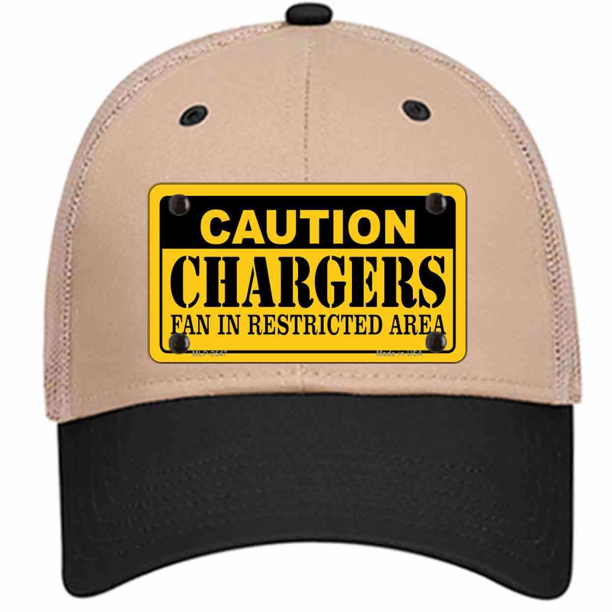 Caution Chargers Novelty Khaki Mesh License Plate Hat - Hats