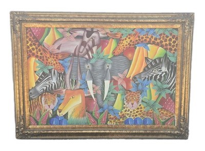 Original & Signed P.T Donald Haitian Naif Folk Animal Jungle Art Framed ...
