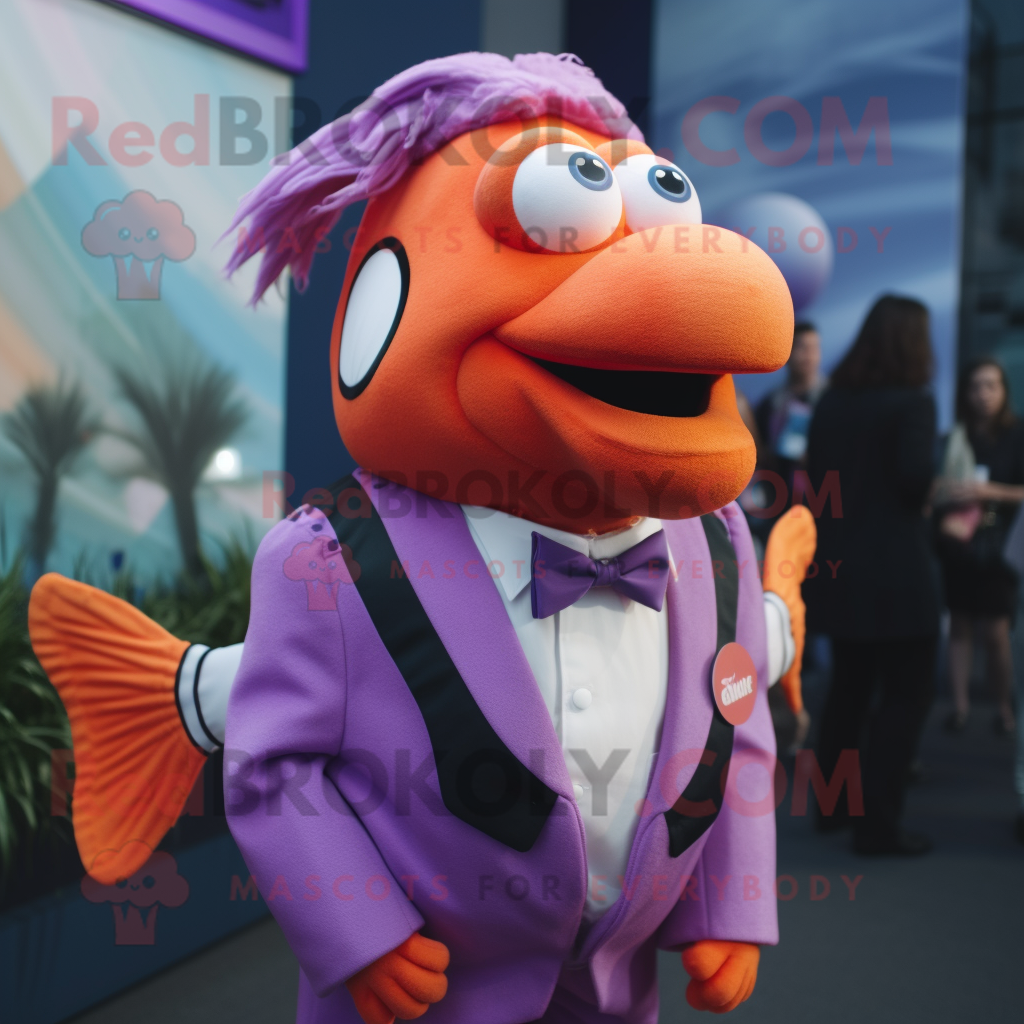 Purple Clown Fish mascot costume character dressed with a Poplin Shirt ...