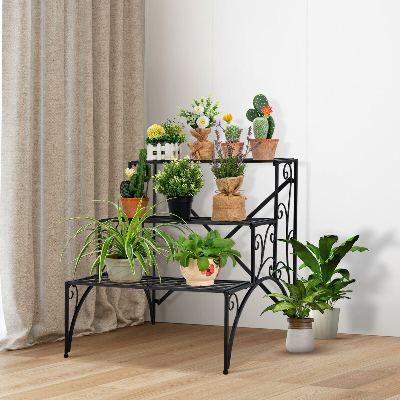Garden Shelf Flower Pot Display Rack 3 Tier Stair Style Metal Plant ...