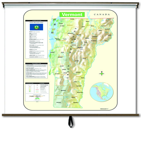 Vermont Large Scale Shaded Relief Wall Map on Roller with Backboard ...