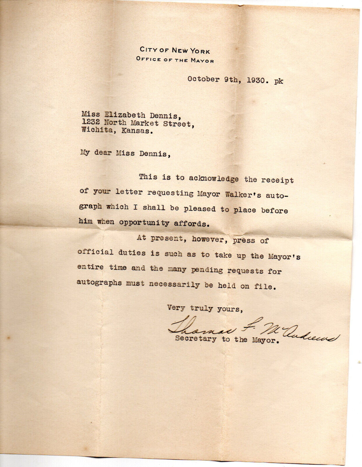 CITY OF NEW YORK, OFFICE OF THE MAYOR, LETTERHEAD DATED OCT 9,1930 ...