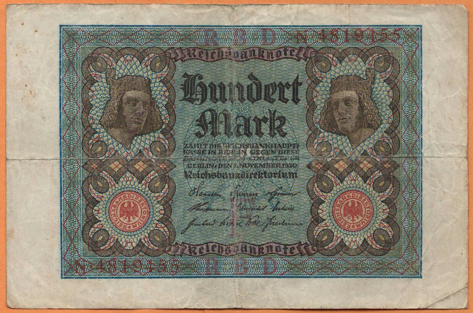GERMANY 1920 Reichbank Fine 100 Mark Banknote Paper Money Bill P- 69a ...