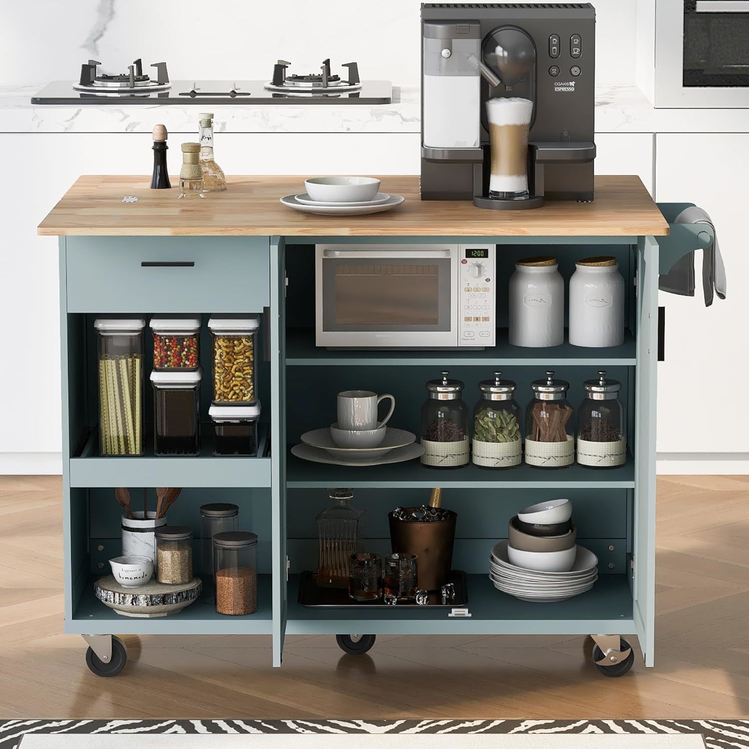 Rolling Kitchen Island With Foldable Countertop, Storage Cabinet, Slide ...
