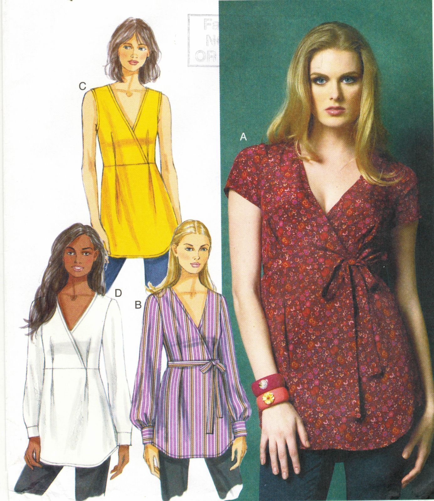 Misses Raised Waist Mock Wrap Front Cross Tops Shirts Belt Sew Pattern ...