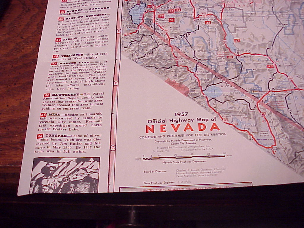 Vintage 1957 Nevada Highways Road Foldout Map with Interesting Town ...