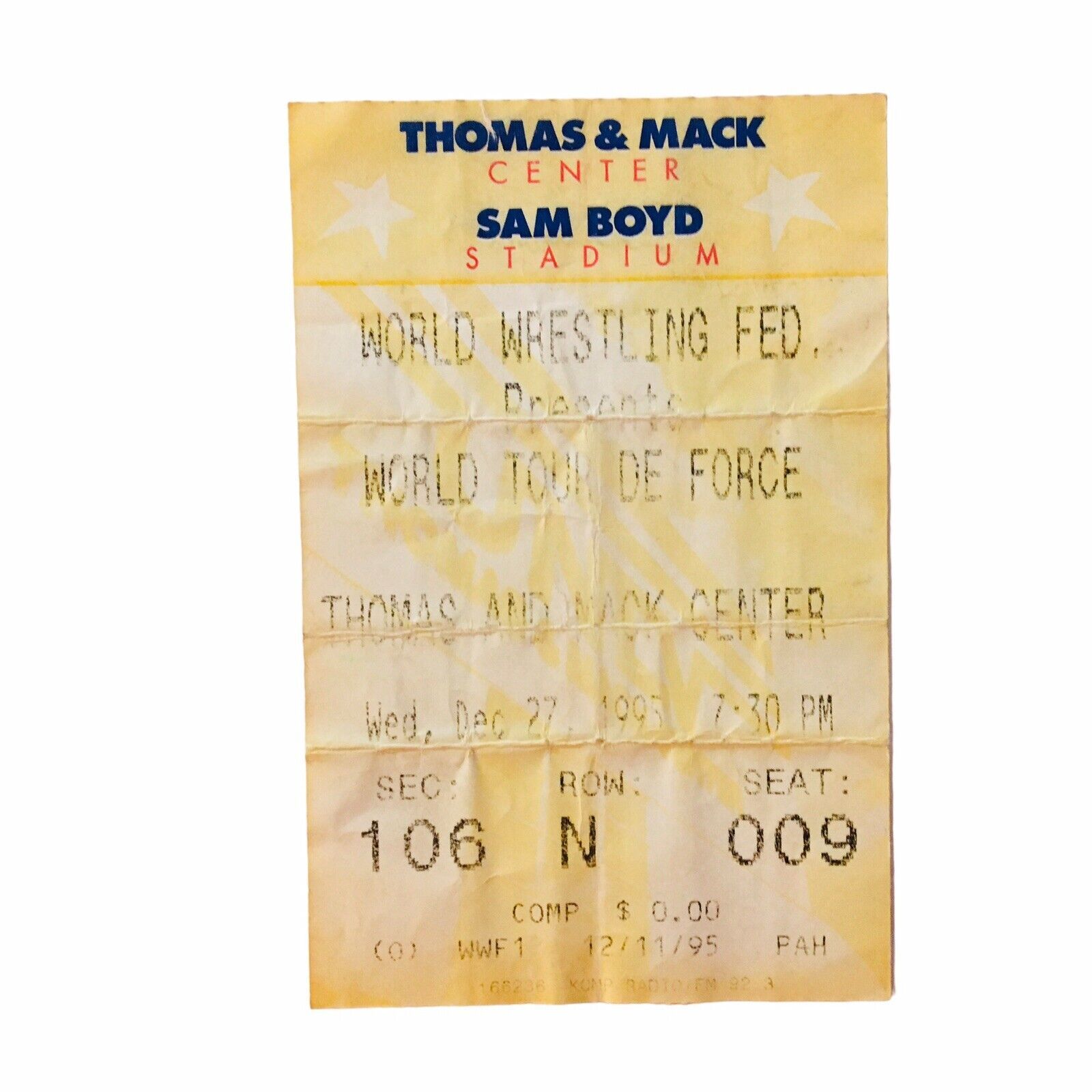 WWF TICKET STUB WRESTLING WORLD TOUR DE FORCE 12/27/1995 LAS VEGAS ...
