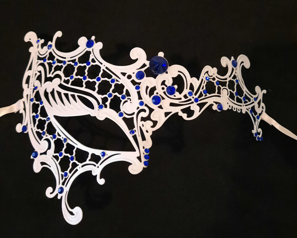 White Blue Crystal Lady Phantom Laser Masquerade Metal Filigree Mask ...