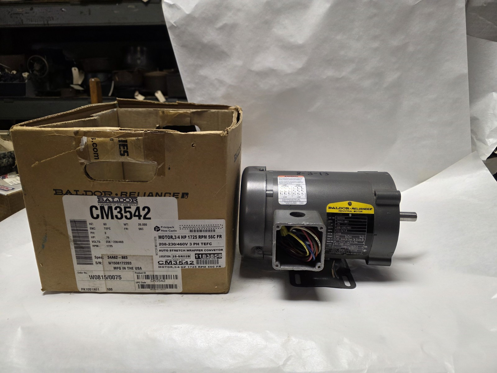 Baldor Cat No. CM3542 3/4 HP 3 PH 1725 RPM. 208-230/460 Electric Motor ...