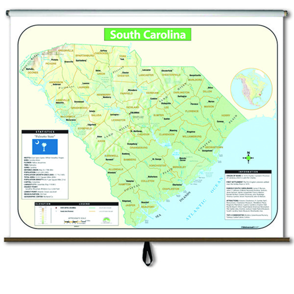South Carolina Large Scale Shaded Relief Wall Map on Roller - Maps ...