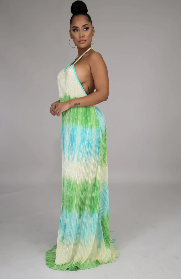 Pleated Halter Neck Open Back Maxi Dress - Women's Clothing