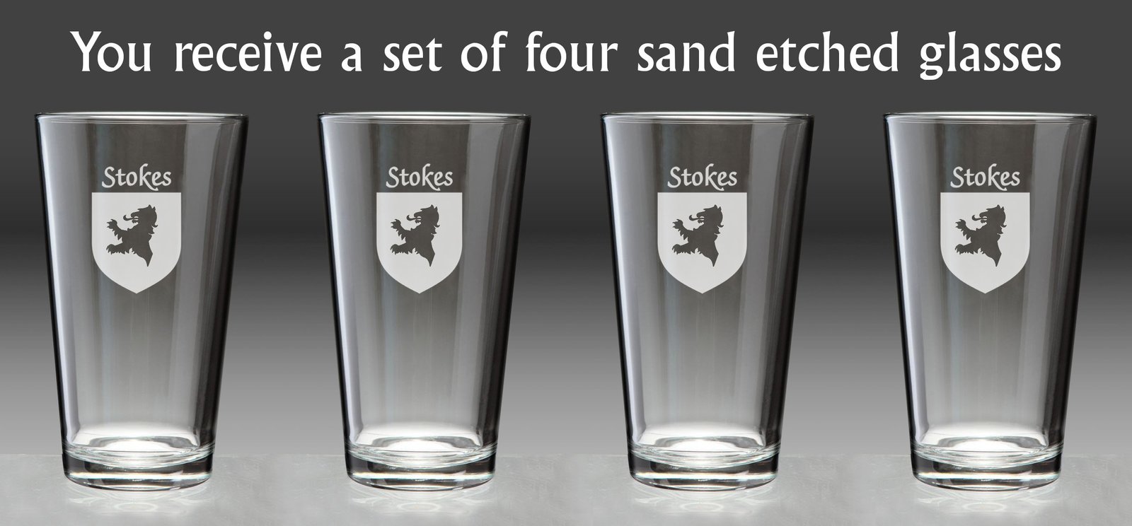 Stokes Irish Coat of Arms Pint Glasses - Set of 4 (Sand Etched) - Equipment