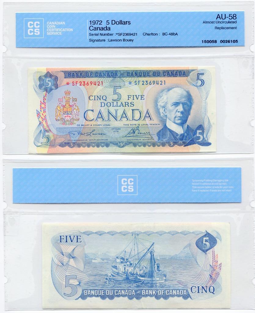 1972 Bank of Canada $5.00 Five Dollar Replacement Note *SF2369421 AU ...