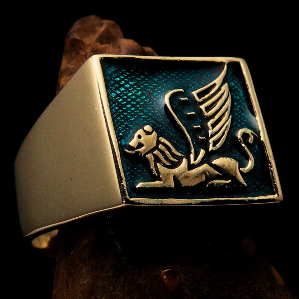 Square shaped Men's Pinky Signet Ring winged blue Lion of Venice ...
