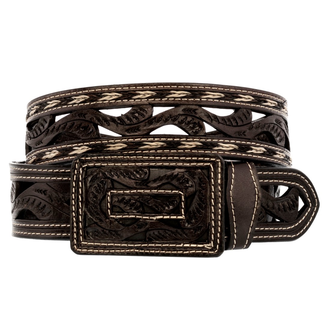 Brown Cowboy Belt Western Dress Hand Tooled Braided Inlay Leather ...
