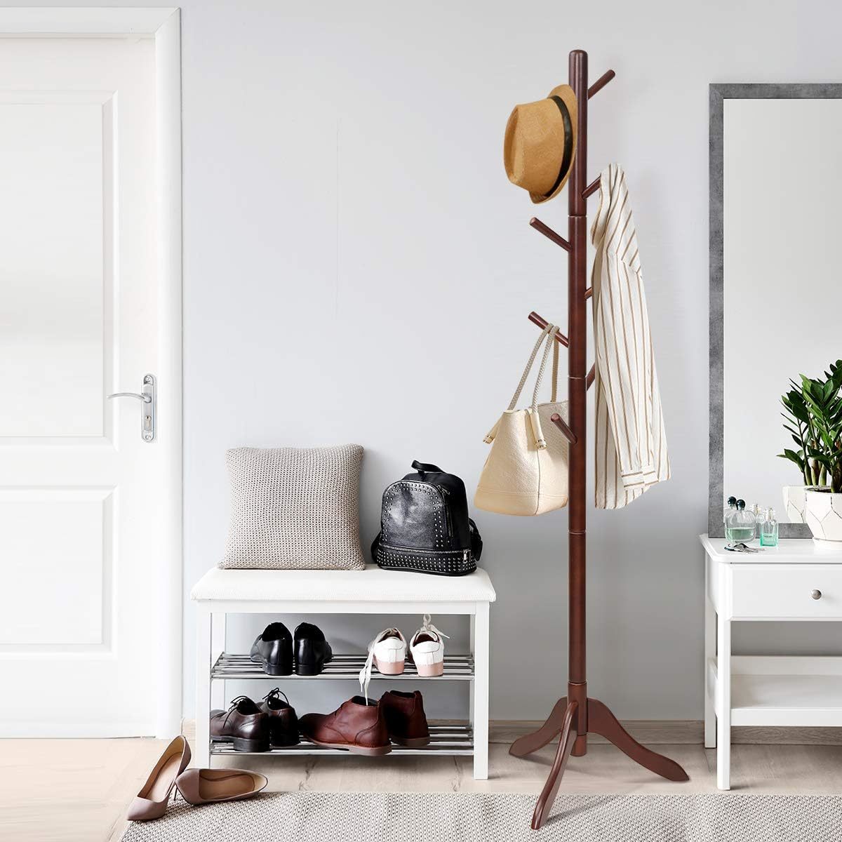 Tangkula Wooden Tree Coat Rack Freestanding, Hallway Coat Stand With 8 ...