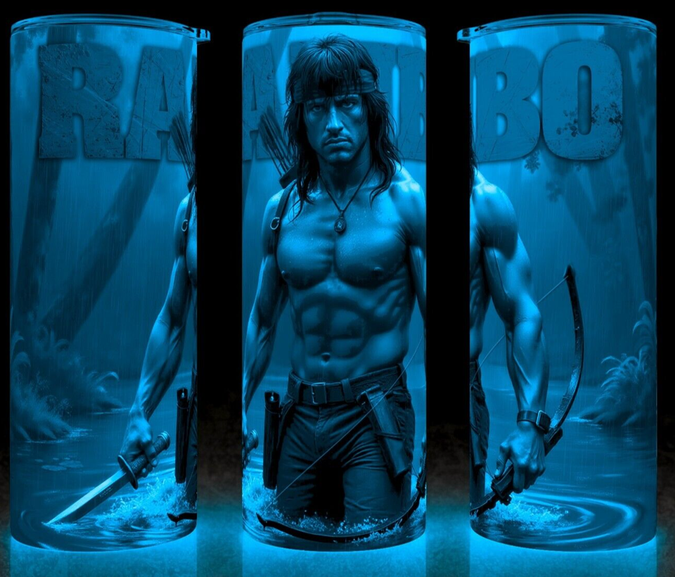Glow in the Dark Rambo in Swamp with Bow and Arrow 80s Retro Cup Tumbler 20oz - Vacuum Flasks & Mugs