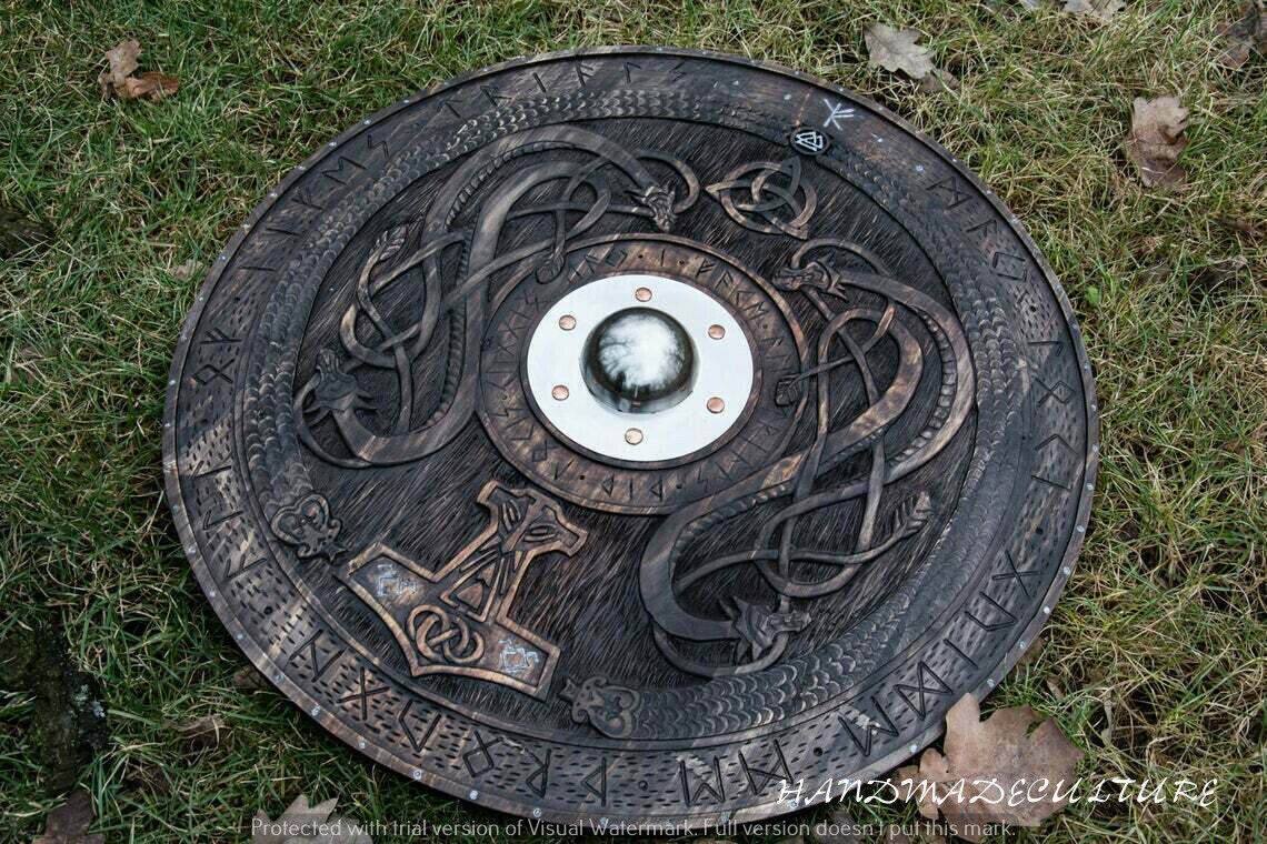 Viking Shield With Carved Norse Runic Ornaments Battleworn Wooden ...