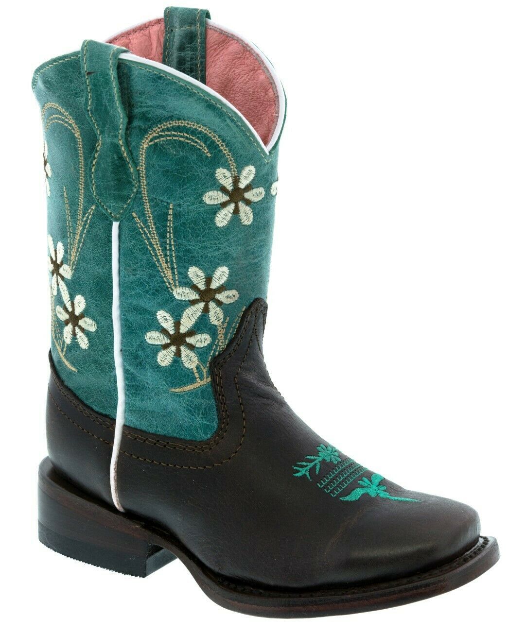 Girls Teal Dark Brown Flower Embroidered Cowgirl Leather Boots Kids ...