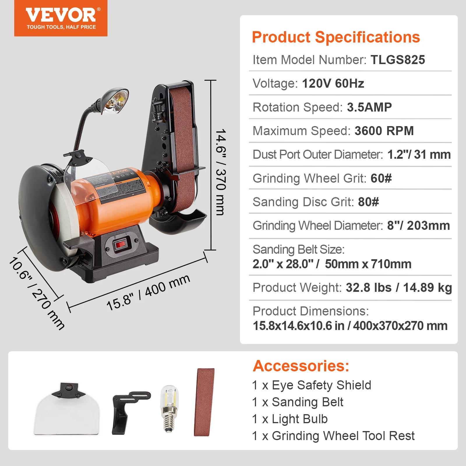 VEVOR Belt Disc Sander Combo with 5A/4.3A/2.5A Induction Motor Compact ...
