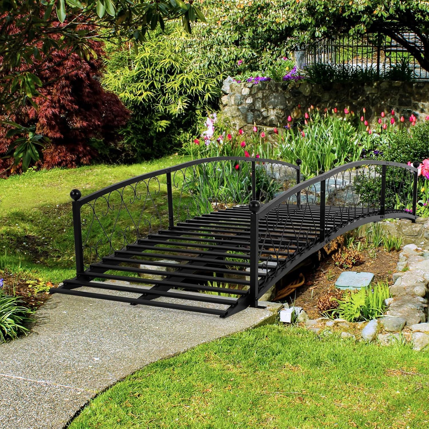 8 FT Metal Garden Bridge Arc Footbridge with Siderails Extra Long Metal ...