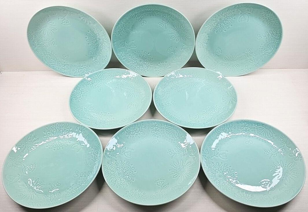 8 Port Townsand Ojai Turquoise Dinner Plates Set Floral Emboss Dining ...