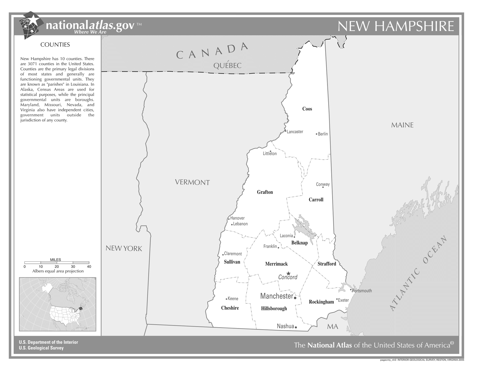 New Hampshire State Counties w/Cities (Black&White) Laminated Wall Map ...