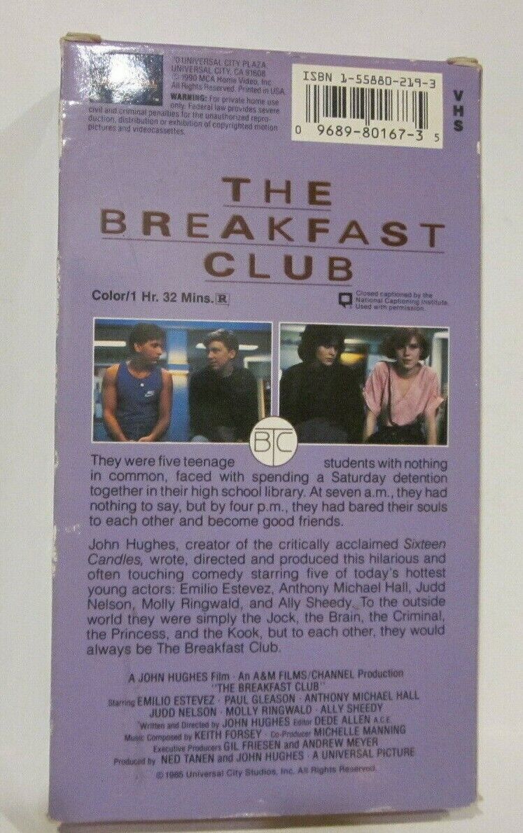 The Breakfast Club VHS Tape Movie 1990 John Hughes Ally Sheedy Judd ...